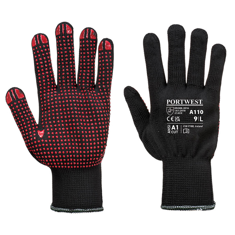 Portwest A110 PVC Dot Palm Grip Black Gloves Workwear